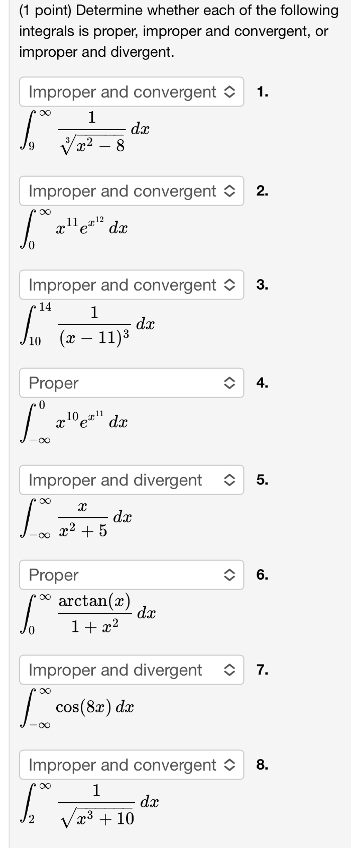 Solved (1 ﻿point) ﻿Determine whether each of the following | Chegg.com