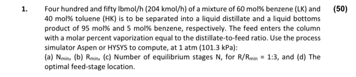 Solved Four hundred and fifty lbmol/h (204 kmol/h) of a | Chegg.com