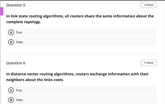 Solved Question 5 1 Point In link state routing algorithms, | Chegg.com