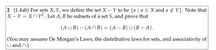 Solved 2 (1.4ab) ﻿For sets x,Y, ﻿we define the set x-Y ﻿to | Chegg.com