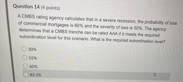 Solved Question 14 (4 points) A CMBS rating agency | Chegg.com