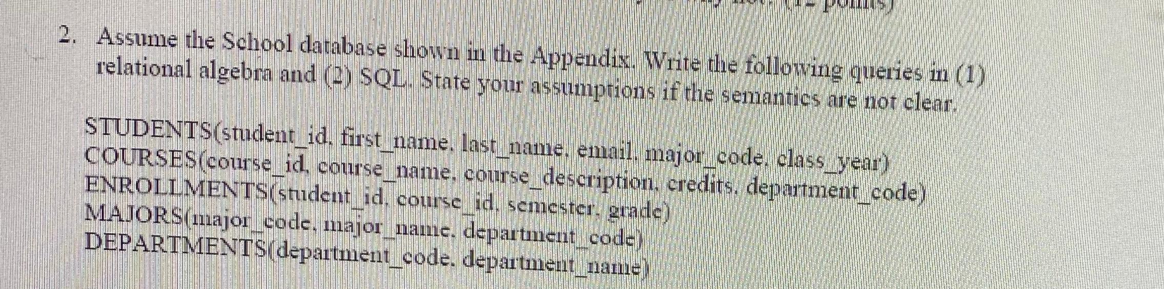 Solved Asume the School database shown in the Appendix. | Chegg.com