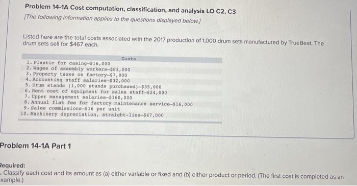 Solved Problem 14-1A Cost computation, classification, and | Chegg.com