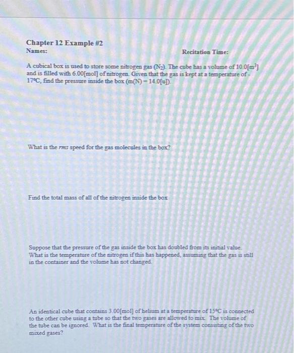 Solved Chapter 12 Example \#2 Names: Recitation Time: A | Chegg.com