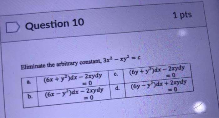 Solved 1 pts Question 10 Eliminate the arbitrary constant, | Chegg.com