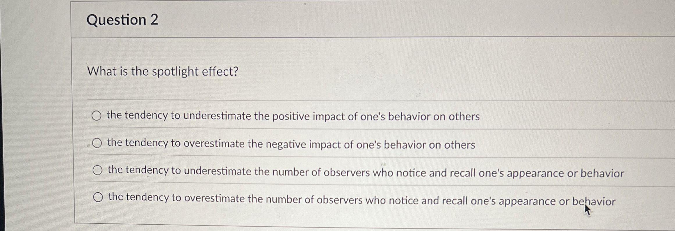 Solved Question 2What is the spotlight effect?the tendency | Chegg.com