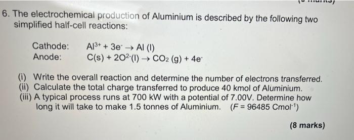 Solved 6. The electrochemical production of Aluminium is | Chegg.com