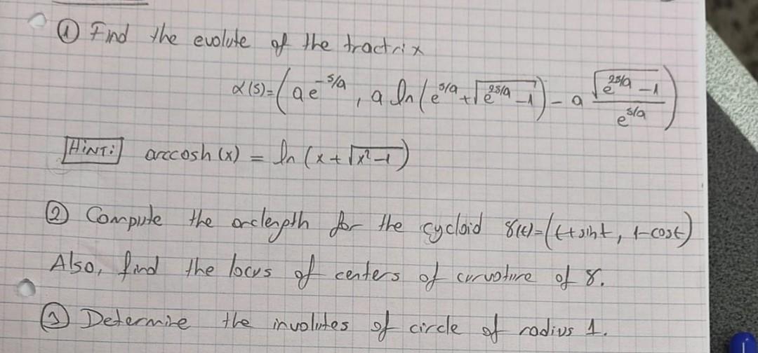 (1) Find the evolute of the tractrix | Chegg.com