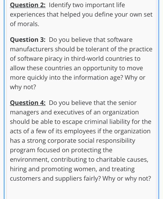 Solved Question 2: Identify two important life experiences | Chegg.com