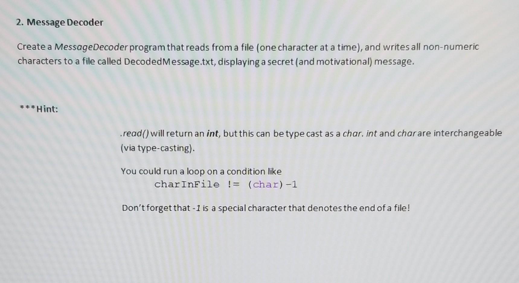 Solved 2. Message Decoder Create a messageDecoder program | Chegg.com