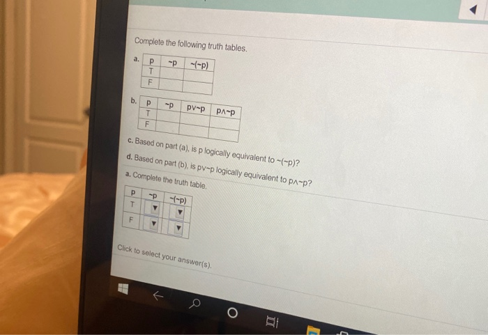 Solved Complete the following truth tables. a. -p -(-p) р T | Chegg.com