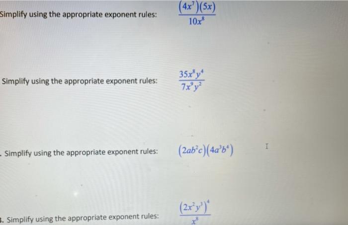 Solved (4x”)(5x) Simplify using the appropriate exponent | Chegg.com
