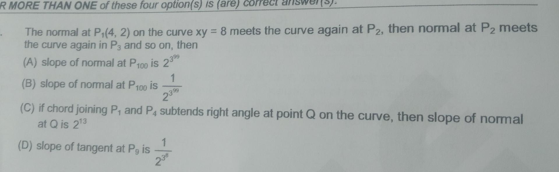Solved The normal at P1(4,2) on the curve xy=8 meets the | Chegg.com