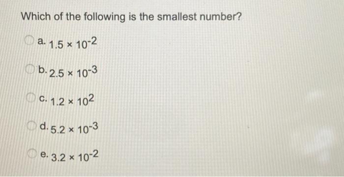 Solved Which of the following is the smallest number? a. 1.5 | Chegg.com