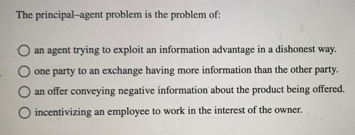 Solved The principal-agent problem is the problem of: an | Chegg.com