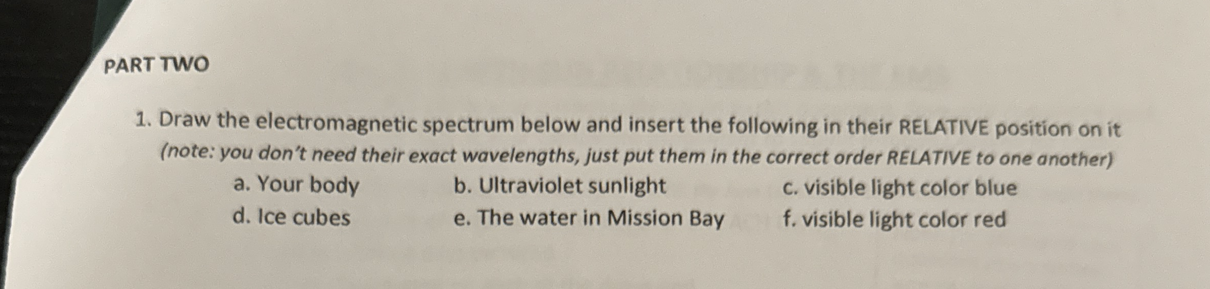 Solved PART TWODraw the electromagnetic spectrum below and | Chegg.com