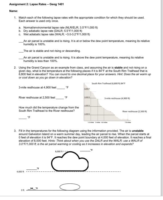 Solved Assignment 2: Lapse Rates - Geog 1401 Name: 1. Match | Chegg.com