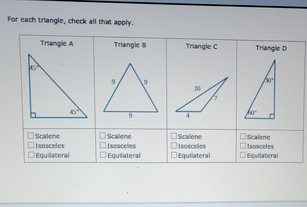 Solved For each triangle, check all that apply. Triangle A | Chegg.com