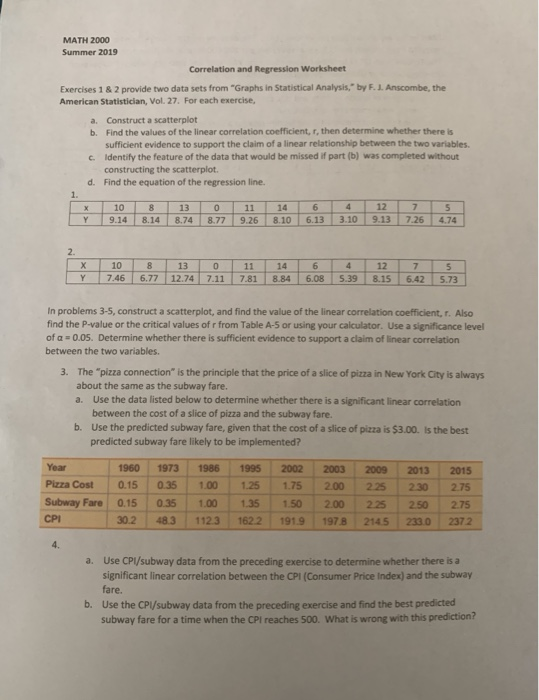 Solved MATH 2000 Summer 2019 Correlation and Regression | Chegg.com