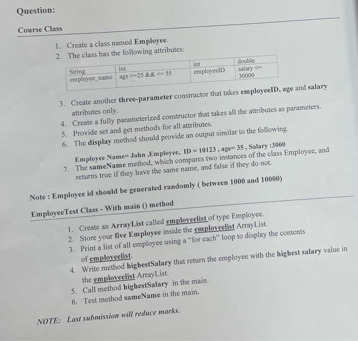 Solved 1. Create a class named Employee. 2. The class has | Chegg.com