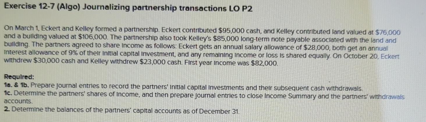 Solved Exercise 12-7 (Algo) ﻿Journalizing partnership | Chegg.com