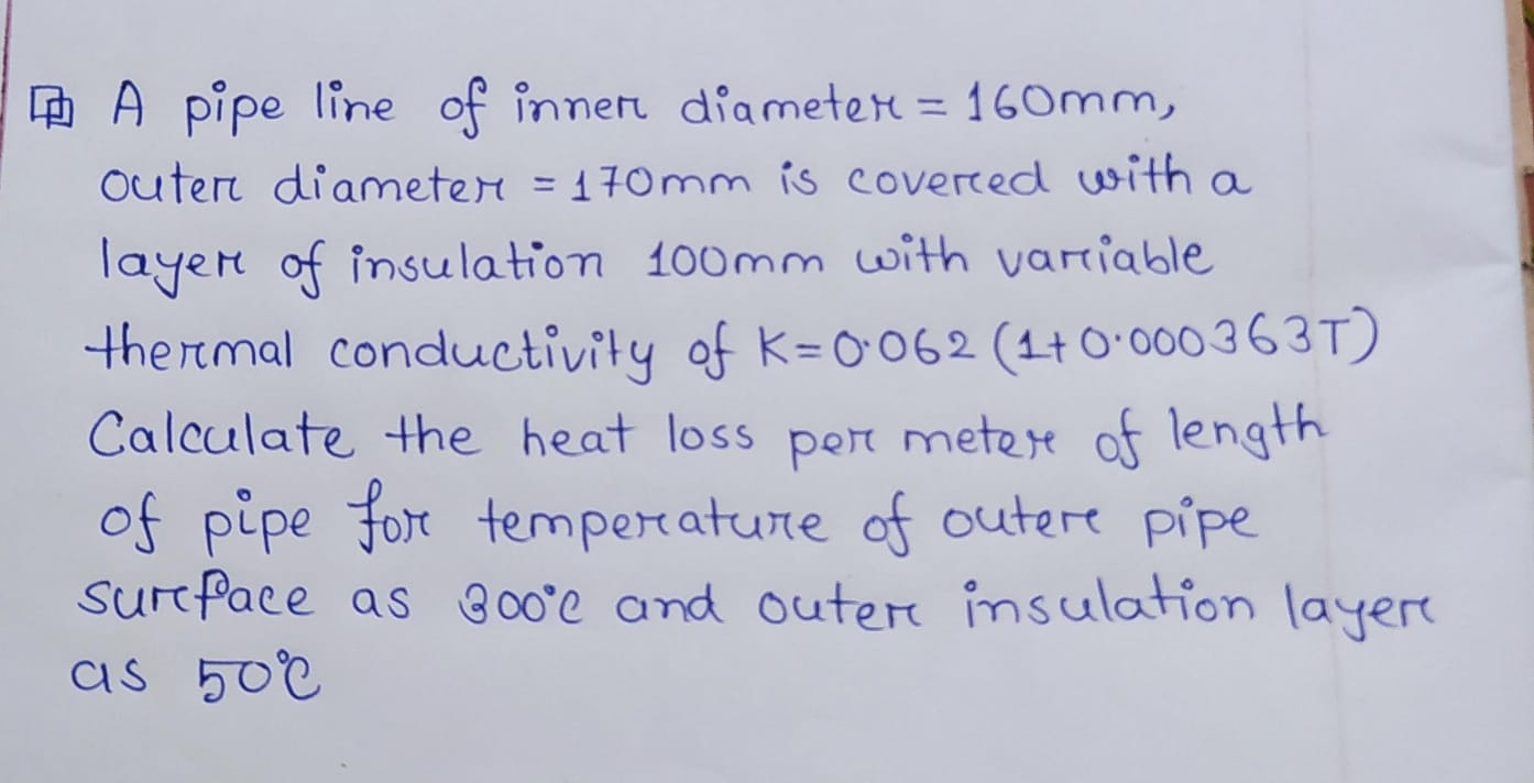 Solved A pipe line of inner diameter =160mm, ﻿outer diameter | Chegg.com