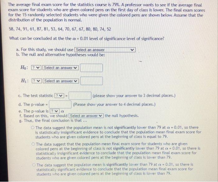 Solved The average final exam score for the statistics | Chegg.com