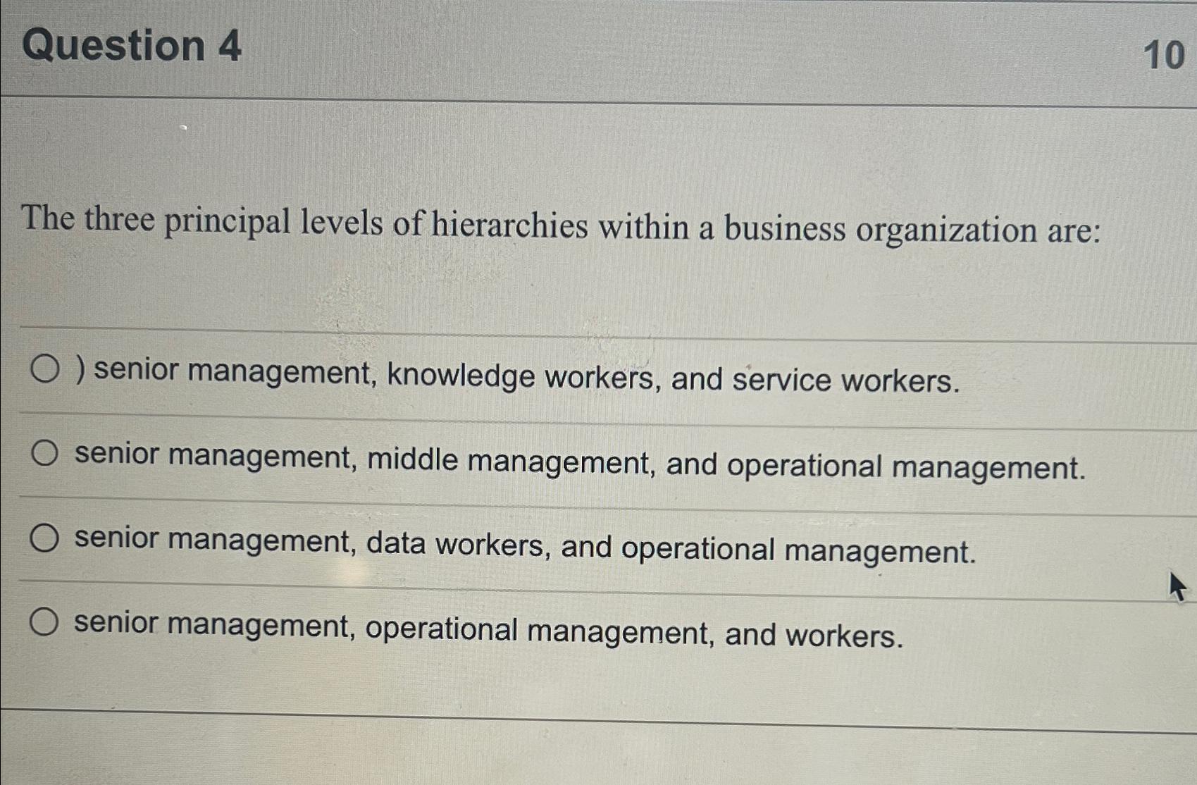 Solved Question 410The three principal levels of hierarchies | Chegg.com