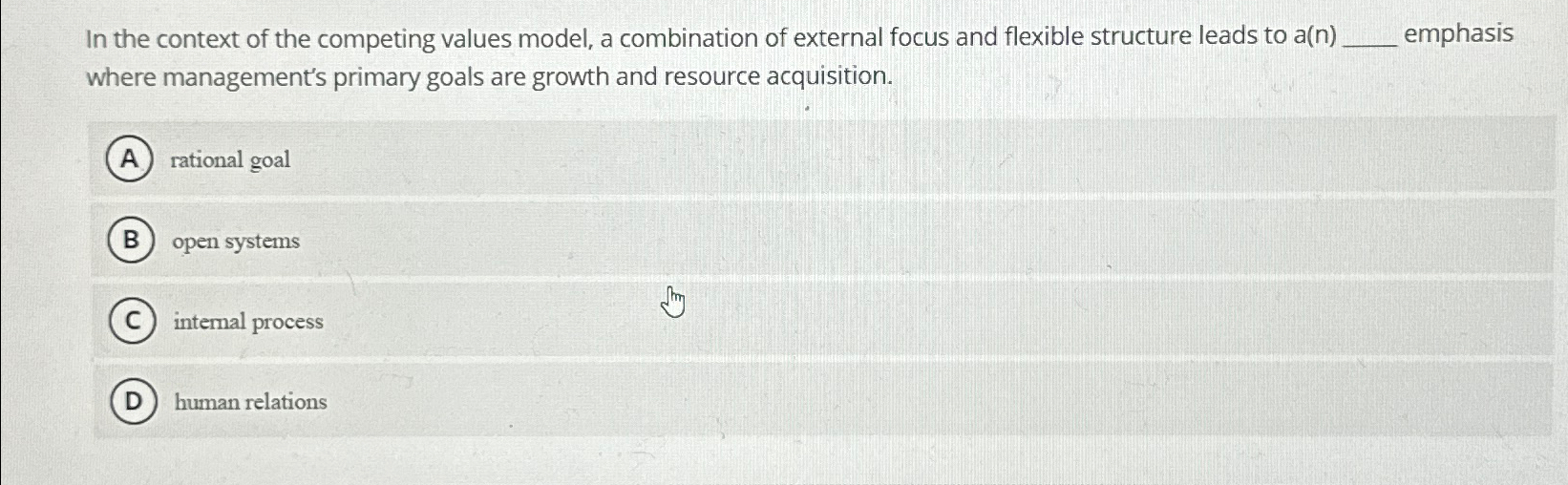 Solved In the context of the competing values model, a | Chegg.com