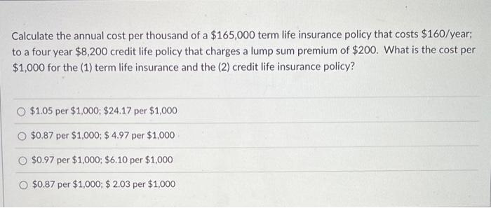 Solved Calculate the annual cost per thousand of a $165,000 | Chegg.com