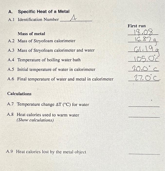 Solved A. Specific Heat of a Metal A.1 Identification Number | Chegg.com