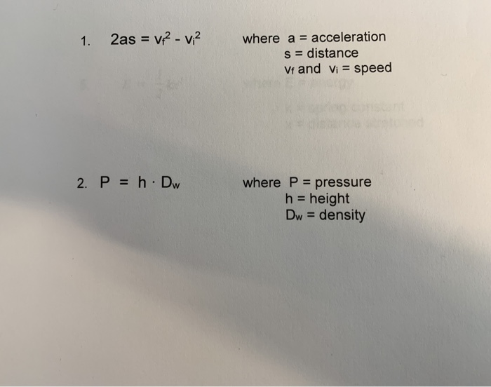 Solved 1. 2as = v2 - v2 where a = acceleration s = distance | Chegg.com
