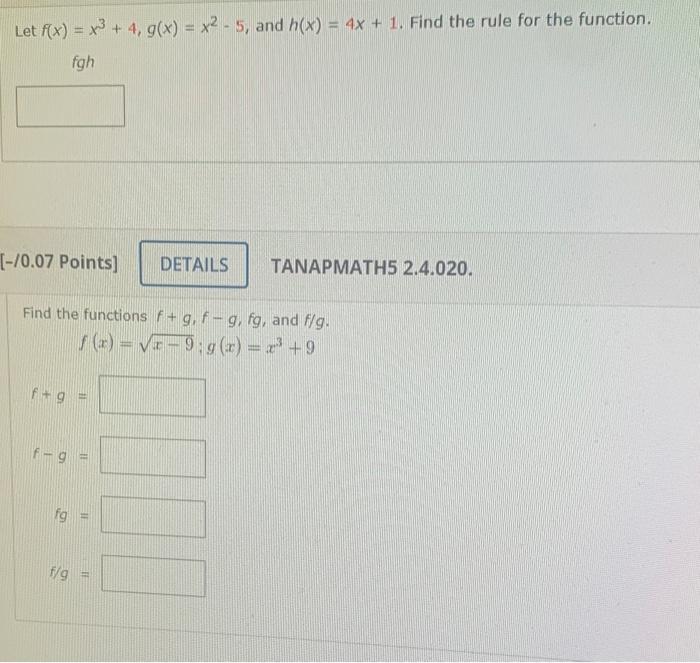 Solved Let f(x)=x3+4,g(x)=x2−5, and h(x)=4x+1. Find the rule | Chegg.com Solved Let f(x)=x3+4,g(x)=x2−5, and h(x)=4x+1. Find the rule | Chegg.com