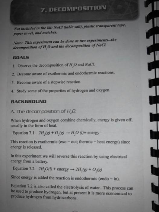 Solved 7. DECOMPOSITION Not included in the kit: NaCl (table | Chegg.com
