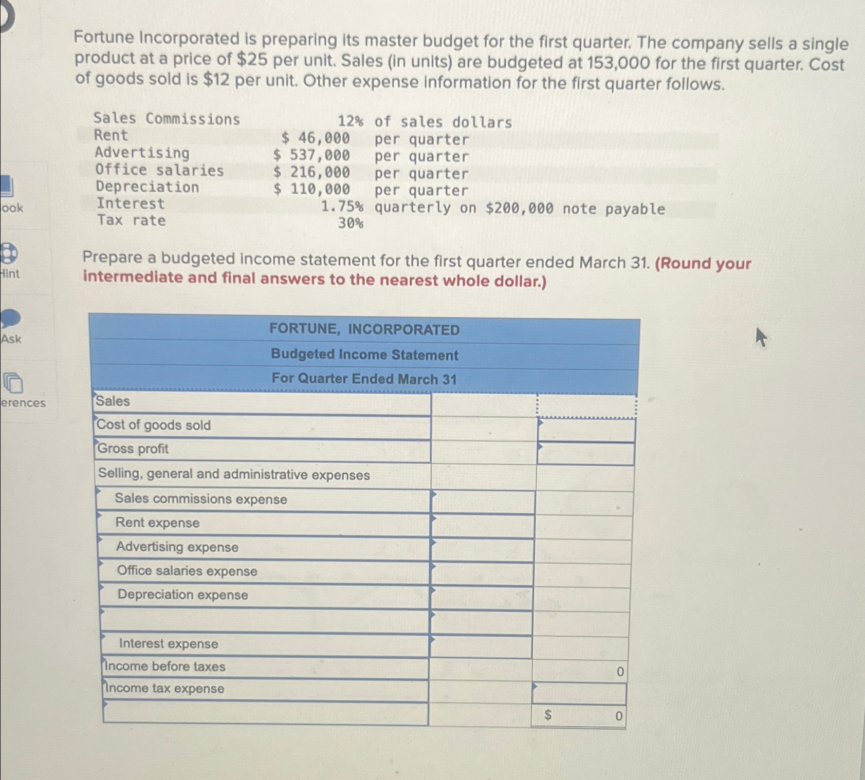 Solved Fortune Incorporated is preparing its master budget | Chegg.com
