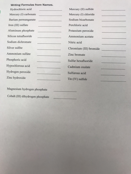 Solved Writing Formulas from Names. Hydrochloric acid | Chegg.com