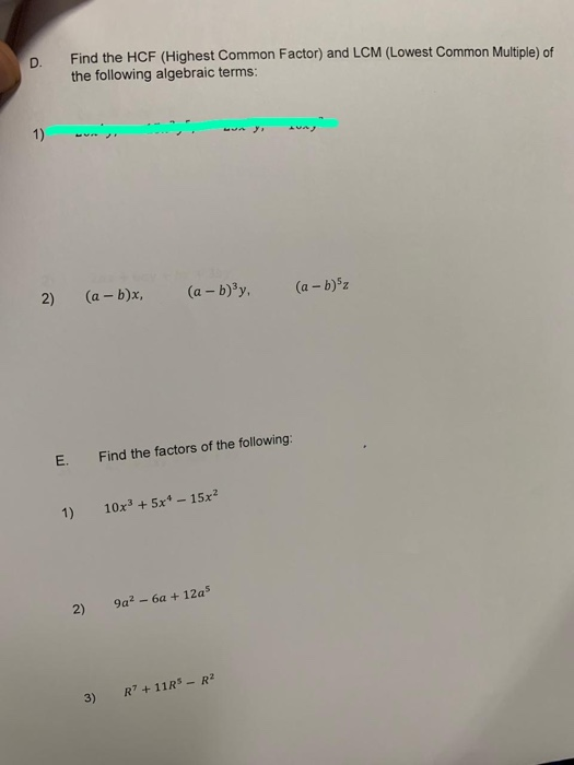 Solved D. Find the HCF (Highest Common Factor) and LCM | Chegg.com