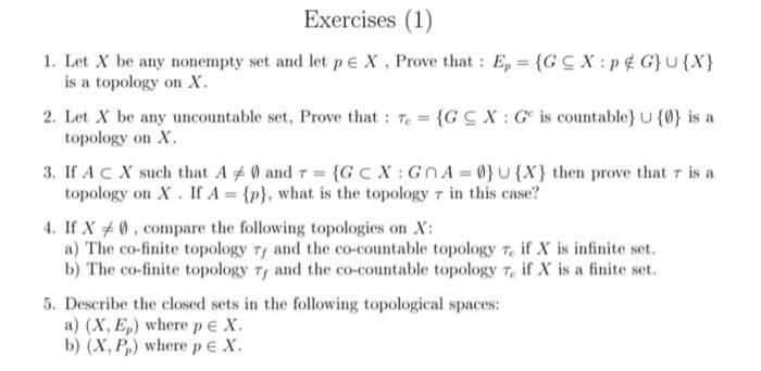 Solved Exercises (1) 1. Let X be any nonempty set and let p | Chegg.com