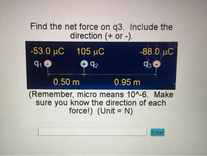 Solved Find the net force on q3. Include the direction (+ or | Chegg.com