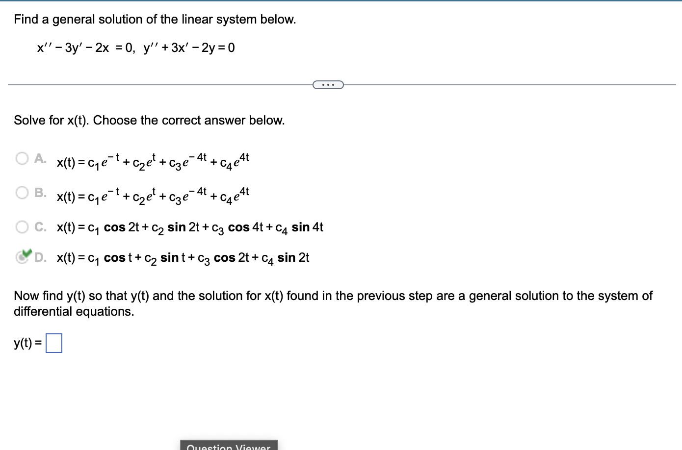 Solved Find a general solution of the linear system | Chegg.com