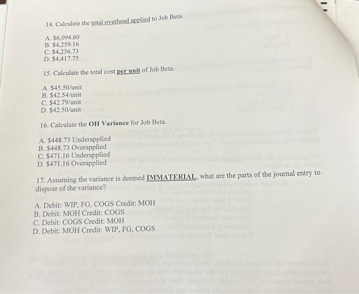 Solved 14. Calculate the total overhead applied to Job Beta. | Chegg.com