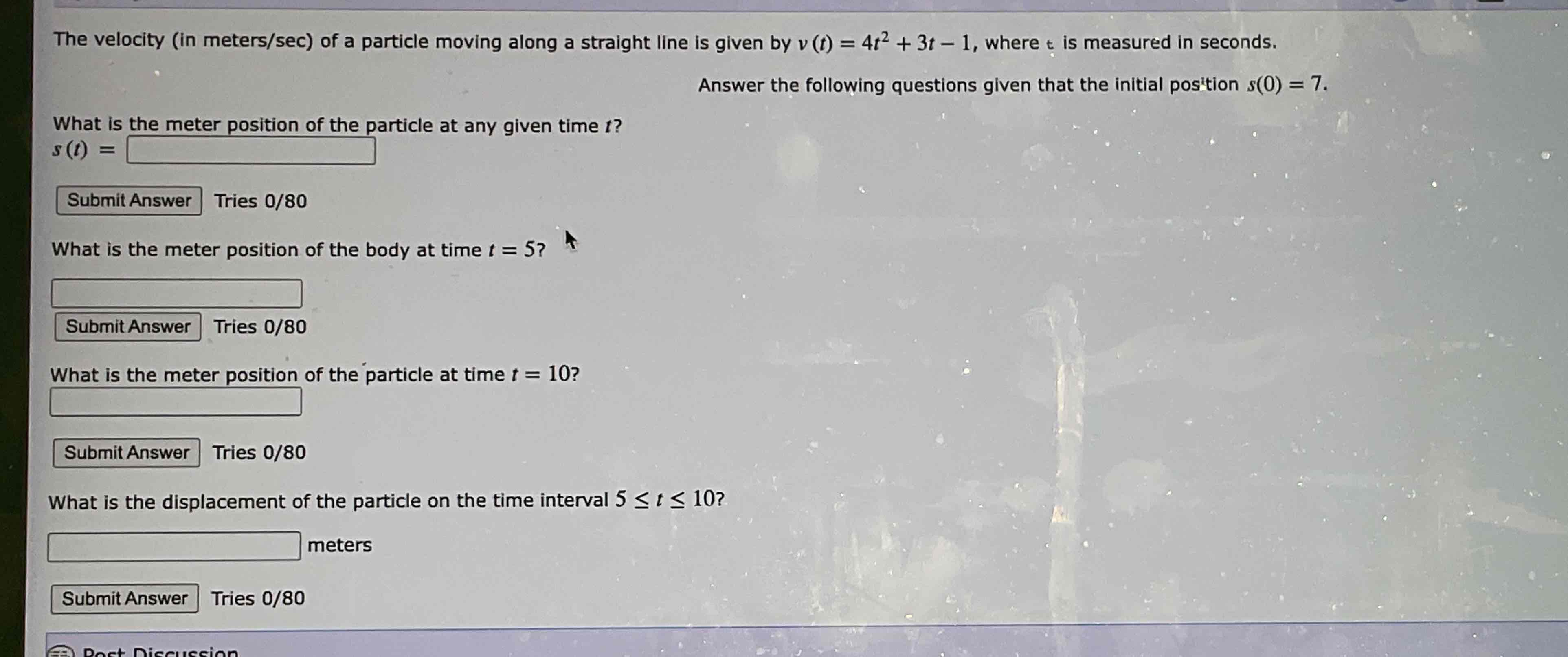 Solved The velocity (in meters/sec) ﻿of a particle moving | Chegg.com