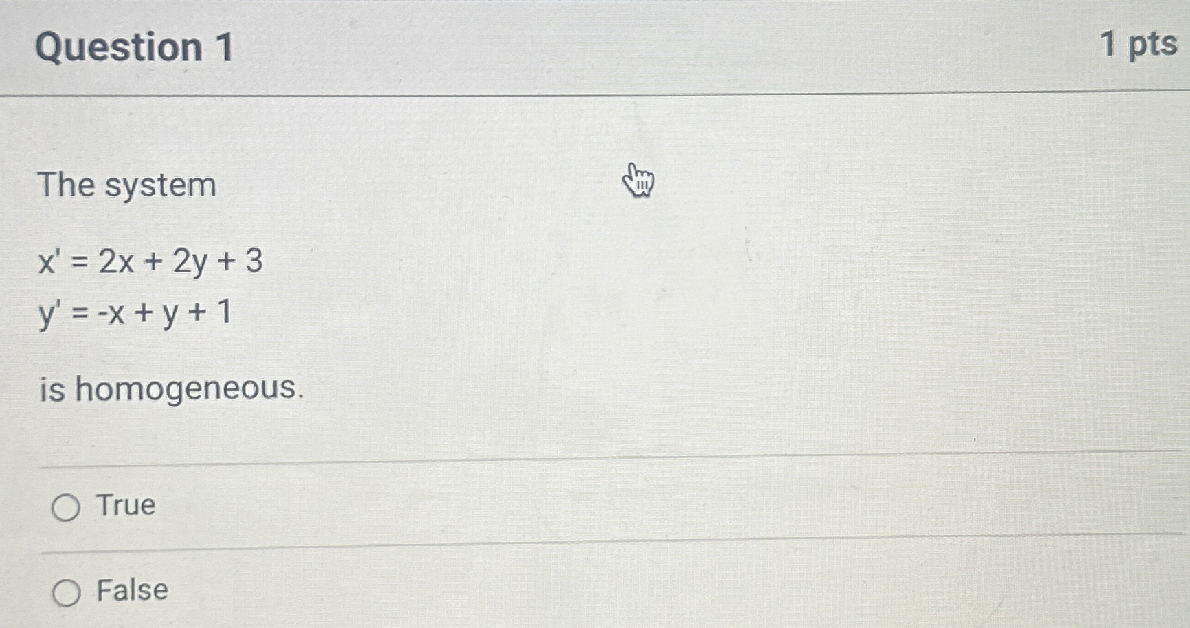 Solved Question 11 ﻿ptsThe systemx'=2x+2y+3y'=-x+y+1is | Chegg.com