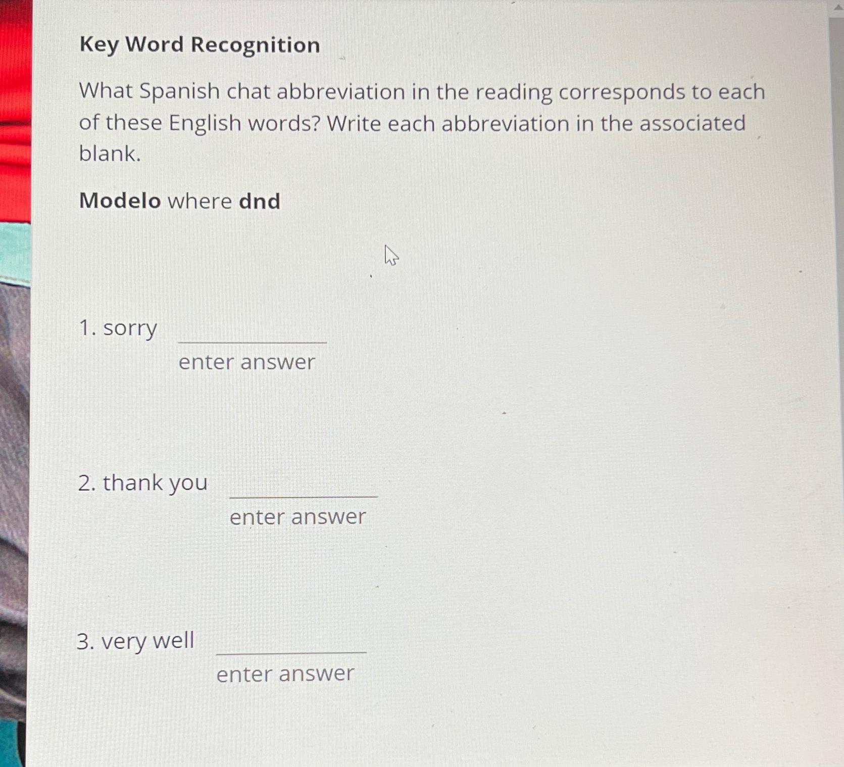 Solved Key Word RecognitionWhat Spanish chat abbreviation in | Chegg.com