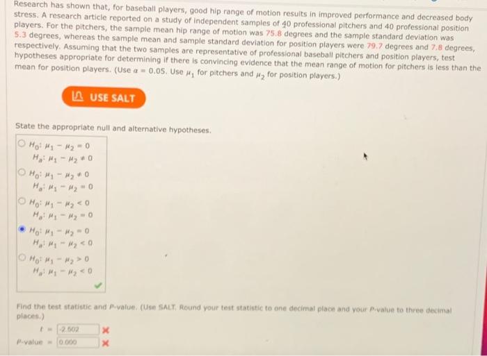 Solved Research has shown that, for baseball players, good | Chegg.com