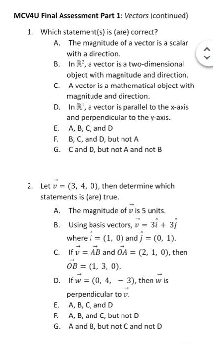 Solved MCV4U Final Assessment Part 1: Vectors (continued) 1. | Chegg.com
