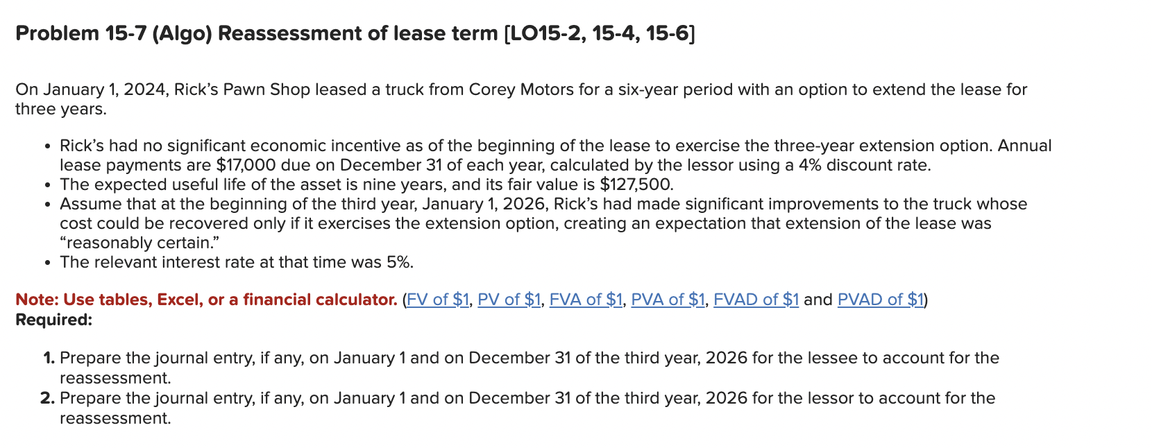 Solved Problem 15-7 (Algo) ﻿Reassessment of lease term | Chegg.com