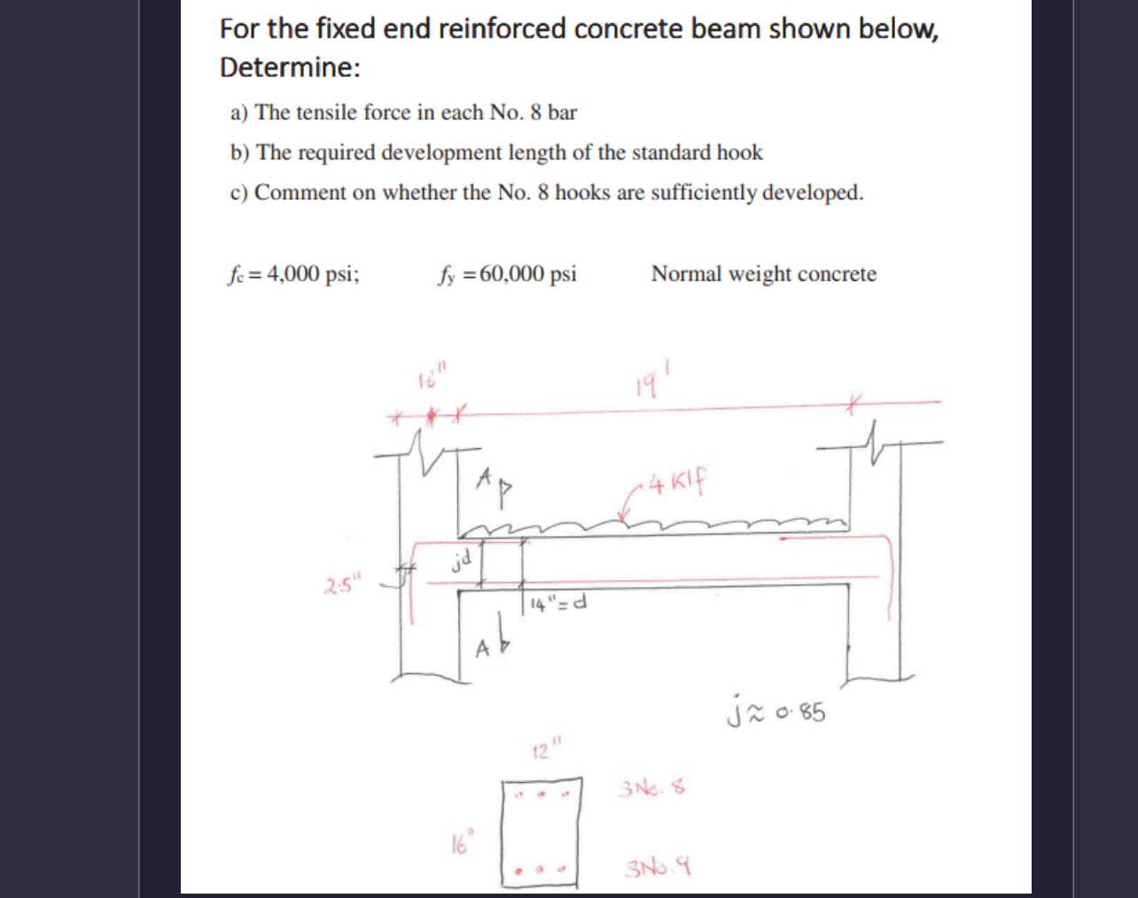 Solved For the fixed end reinforced concrete beam shown | Chegg.com