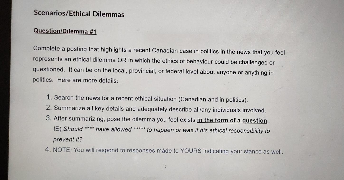 Solved Scenarios/Ethical Dilemmas Question/Dilemma #1 | Chegg.com