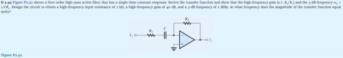 Solved D 2.92 Figure P2.92 shows a first-order high-pass | Chegg.com
